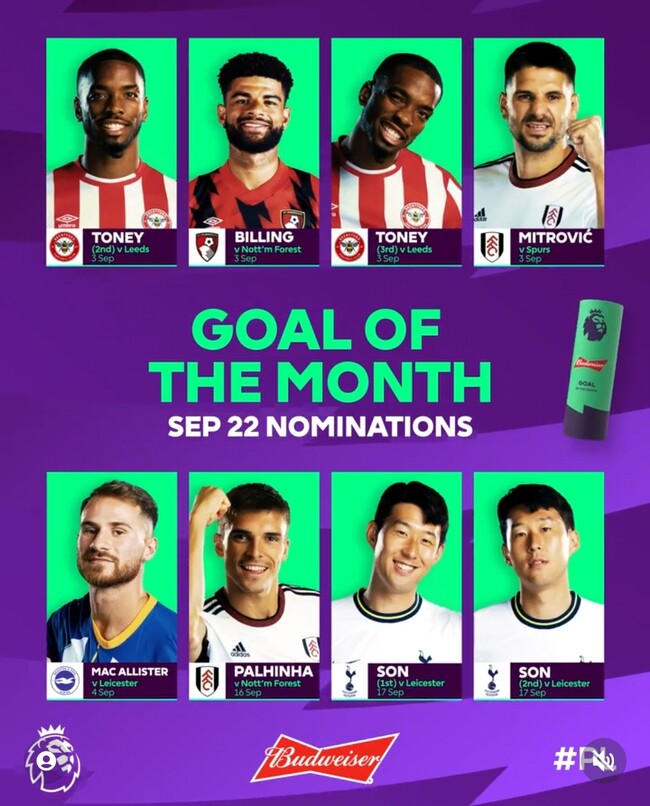 [오피셜] EPL 9월 이달의 골 후보 선정...'SON 무려 2골 포함'